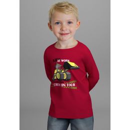 Langarmshirt Kidsworld "CONSTRUCTION crew on tour", Jungen, Gr. 92/98, rot, Single Jersey, Obermaterial: 100% Baumwolle, bedruckt, Basic, Rundhals, Shirts Langarmshirt, Cooler Bagger Druck