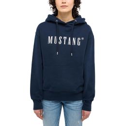 Sweatshirt Mustang "Style Margo", Damen, Gr. XL, blau (schwarz saphire), Web, Obermaterial: 100% Baumwolle, bedruckt, regular fit normal, ohne Ausschnitt, Sweatshirts Sweatshirt, mit Logo Print