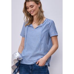 Shirtbluse Street One, Damen, Gr. 46, original blau, Web, 97% Baumwolle, 3% metallisierte Fasern, unifarben, klassisch normal, V-Ausschnitt, B&uuml;ndchen, Blusen, im Streifendesign