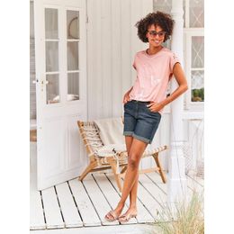Rundhalsshirt Heine "Shirt", Damen, Gr. 46, beige (puder), 50% Baumwolle, 50% Viskose, Spitze:77% Baumwolle, 23% Polyamid, gemustert, Rundhals, Shirts Rundhalsshirt