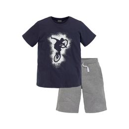 T-Shirt & Shorts Kidsworld "2tlg. Set T-Shirt + Sweatshorts", Jungen, Gr. 164/170, blau (marine, graumeliert), Jersey, Obermaterial: 100% Baumwolle. Obermaterial Hose: 85% Baumwolle, 15% Viskose, bedruckt, KOB Set-Artikel, BIKER-Druck, jedes Teil einzeln tragbar