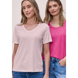 T-Shirt Street One, Damen, Gr. 34, magenta dream, minimal rose, Web, 50% Baumwolle, 50% Modal, unifarben, normal normal, V-Ausschnitt, abgesteppt, Shirts T-Shirt, mit abgerundetem V-Ausschnitt