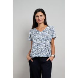 Kurzarmbluse Seidel Moden "Otto exclusiv", Damen, Gr. 36, blau (jeans), Web, Obermaterial: 100% Viskose, l&auml;ssig geschnitten h&uuml;ftbedeckend, V-Ausschnitt, Blusen, mit Minimalprint und V-Ausschnitt - MADE IN GERMANY