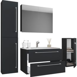 Vcm 5-tlg. Set 1 Waschtisch mit zwei Schubladen, 1 Spiegelschrank, 1 Waschbecken, 1 Midischrank, 1 Hochschrank Keramik Waschbecken h&auml;ngend Unterschrank 80 cm Badm&ouml;bel Set Waschplatz &ndash; Badinos
