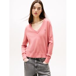 Tommy Jeans Damen V-Ausschnitt-Pullover "TJW ESSENTIAL VNECK SWEATER EXT"tahiti berry, Gr. XL, unifarben, Strick, Obermaterial: 100% Baumwolle,
