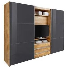 Schwebet&uuml;renschrank wimex "Magic by fresh to go", grau (plankeneichefarben, au&szlig;ent&uuml;ren grauglas), B:300cm H:236cm T:65cm, Schr&auml;nke, Schwebet&uuml;renschrank, tolles EXTRA: mit drehbarem TV-Element, Fronten aus Glas