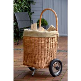 Dobar Praktischer Kaminholzwagen aus gesch&auml;lter Weide mit stabilen Metallr&auml;dern mit Reifen, ca. 44 x 40 x 93 cm