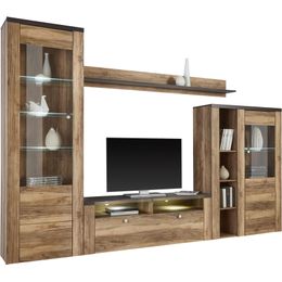 Wohnwand OTTO HOME "Larona, Anbauwand, Set 4 Teilig", braun (satin nussbaumfarben, schwarzwood), B:305cm, Kastenm&ouml;bel-Sets, Wohnwand, bestehend aus 1 TV-Board, 1 Highboard, 1 Vitrine, 1 Wandregal, Topseller
