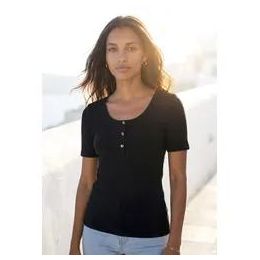 T-Shirt Lascana "mit kurzer Knopfleiste", Damen, Gr. 36/38, schwarz, Rippware, Obermaterial: 95% Viskose, 5% Elasthan, unifarben, bequem normal, Rundhals, Shirts T-Shirt, aus weicher Viskose-Ripp-Qualit&auml;t