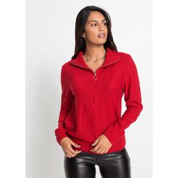 bonprix Damen Troyer, rot, Gr. 32, unifarben, Strick, Obermaterial: 100% Polyacryl, Pullover, im tollen Strickmuster, Stehkragen mit Rei&szlig;verschluss,