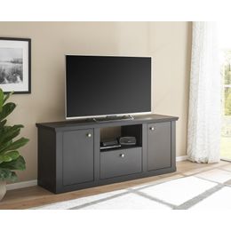 Lowboard Home Affaire "Lincoln, moderner TV-Schrank, schwarze Kommode, TV-Unterschrank", schwarz matt, B:158cm H:62cm T:42cm, FSC-zertifizierter Holzwerkstoff, Sideboards, Lowboard, edles Design, messingfarbene Knopfgriffe, in 2 Gr&ouml;&szlig;en verf&uuml;gbar