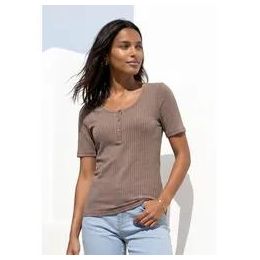 T-Shirt Lascana "mit kurzer Knopfleiste", Damen, Gr. 44/46, grau (taupe), Rippware, Obermaterial: 95% Viskose, 5% Elasthan, unifarben, bequem normal, Rundhals, Shirts T-Shirt, aus weicher Viskose-Ripp-Qualit&auml;t