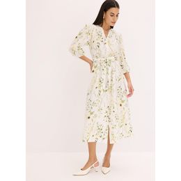 bonprix Blusenkleid aus Viskose-Mix, wei&szlig;, Gr.46, feminines Blusenkleid in Midil&auml;nge mit floralem Print