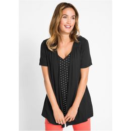 bonprix 2 in 1 Shirt mit V-Ausschnitt kurzarm, schwarz, Gr.36/38 (S), Casual 2in1 Shirt mit Zierknopfleiste und verl&auml;ngerten Saumenden, aus Viskose