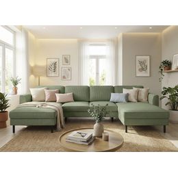 Wohnlandschaft Home Affaire "Booster II, whlw. mit Schlaffunktion & Bettkasten, Fu&szlig; schwarz", mayfly, B:305cm H:83cm T:161cm, 88% Polyester, 12% Nylon, Sofas, Wohnlandschaft, Sofa in U-Form, Breite 305 cm, in Cord oder Struktur LEO o. LINO