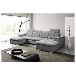 Wohnlandschaft WERK2 "Napoli", grau, B:330cm H:106cm T:174cm, 100% Polyester, Sofas, Wohnlandschaft, verstellbare Kopfteile, mit Schlaffunktion und Bettkasten