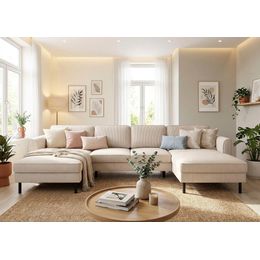 Wohnlandschaft Home Affaire "Booster II, whlw. mit Schlaffunktion & Bettkasten, Fu&szlig; schwarz", cannoli cream, B:305cm H:83cm T:161cm, 88% Polyester, 12% Nylon, Sofas, Wohnlandschaft, Sofa in U-Form, Breite 305 cm, in Cord oder Struktur LEO o. LINO