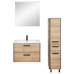 Badm&ouml;bel-Set SAPHIR "Quickset 395 3-teilig, Keramikwaschtisch mit LED-Spiegel", braun, Riviera Eiche quer Nachbildungmit schwarzem L-Profil vorne, Kastenm&ouml;bel-Sets, Badm&ouml;bel-Set, Midischrank, inkl. T&uuml;rd&auml;mpfer, 2 T&uuml;ren, 3 Schubladen, Bad-Set
