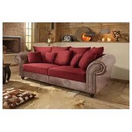 Big-Sofa Home Affaire "King George Mega Sofa, viel Platz, Federkern", braun (braun, rot), B:242cm T:103cm, Korpus aus Luxus-Microfaser in Vintage-Optik (100% Polyester), Sitzfl&auml;che aus Chenillebezug (70% Polyacryl 30% Polyester), Kissen in Druckstoff (100% Polyester), Sofas, Big-Sofa