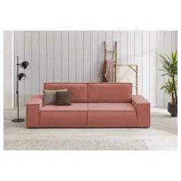 3-Sitzer Home Affaire "SHERWOOD Schlafsofa (257cm) Cord, Samtvelours, Vintage-Lederoptik", rot (coral), B:257cm H:85cm T:106cm, 100% Polyester, Sofas, Schlaffunktion mit Bettkasten (ca. 136/200cm)