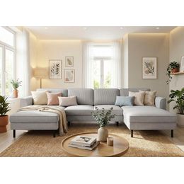 Wohnlandschaft Home Affaire "Booster II, whlw. mit Schlaffunktion & Bettkasten, Fu&szlig; schwarz", grau (opal grau), B:305cm H:83cm T:161cm, 88% Polyester, 12% Nylon, Sofas, Wohnlandschaft, Sofa in U-Form, Breite 305 cm, in Cord oder Struktur LEO o. LINO