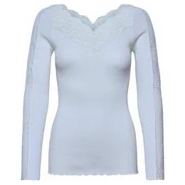 Spitzenshirt rosemunde "Beatha lace longsleeve mit Seide", Damen, Gr. S, jeansblau, Rippstrick, Obermaterial: 55% Seide, 45% Baumwolle, figurbetont h&uuml;ftlang, V-Ausschnitt, Shirts, elastisch weiche Vintage-Spitze am Ausschnitt und entlang der &Auml;rmel