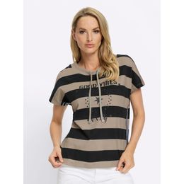 Heine Damen T-Shirt "Shirt"schwarz, sesam, geringelt, Gr. 46, bedruckt, gemustert, gestreift, mehrfarbig, 100% Baumwolle, Shirts