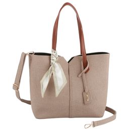 Shopper Rieker, Damen, Gr. B/H/T: 28cm x 27cm x 12cm, beige (beige, braun), Lederimitat, kontrastfarbene Details, Taschen Shopper, Henkeltasche, Schultertasche Damen mit abnehmbarem Logo-Anh&auml;nger