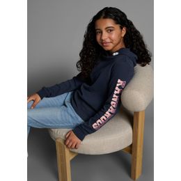 Kangaroos M&auml;dchen Langarmshirt "Kangaroos Kapuzenshirt mit &Auml;rmeldruck", blau, Gr. 128, bedruckt, Interlock, Obermaterial: 100% Baumwolle, Shirts,