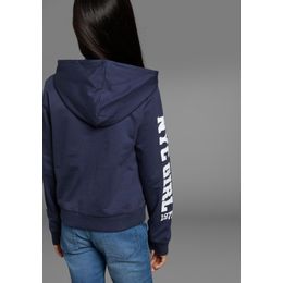 Kidsworld M&auml;dchen Kapuzensweatshirt "Shirt mit &Auml;rmelprint", blau, Gr. 164, bedruckt, Sweatware, Obermaterial: 100% Baumwolle, Sweatshirts, Langarm,