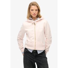 Kapuzensweatjacke Superdry "ESSENTIAL LOGO ZIPHOOD HB", Damen, Gr. L, pink (mauve morn pink), Sweatware, Obermaterial: 80% Baumwolle, 20% Polyester, unifarben, relaxed fit normal, Rundhals, Rippb&uuml;ndchen, Sweatjacken