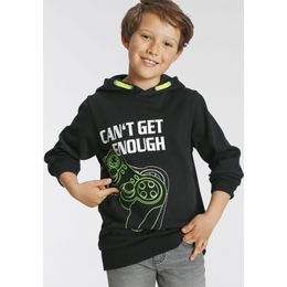 Kidsworld Jungen Kapuzensweatshirt "CAN ́T GET ENOUGH - Spruch", schwarz, Gr. 164, bedruckt, angeraute Sweatware, Obermaterial: 100% Baumwolle,