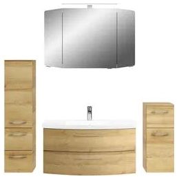 Badezimmer-Set SAPHIR "Cassca Sprint 4-teilig Mineralmarmor-Waschtisch mit LED-Spiegelschrank", braun (riviera eiche quer nachbildung), B:161cm H:200cm T:50,5cm, Holzwerkstoff, Kastenm&ouml;bel-Sets, Midischrank, Unterschrank, inkl. T&uuml;rd&auml;mpfer, 5 T&uuml;ren, 5 Schubladen