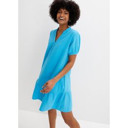 bonprix Damen Minikleid, blau, Gr. 42, unifarben, Web, Obermaterial: 100% Baumwolle, Kleider, aus Baumwoll-Musselin, Volant, kurze Puff&auml;rmel, bequeme