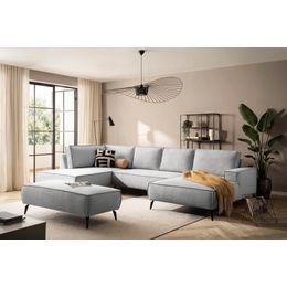 Wohnlandschaft Home Affaire "Tvinnu, moderne U-Form, Couch in Cord oder Webstoff in Leinenoptik", hellgrau, B:354cm H:83cm T:193cm, Sofas, Wohnlandschaft, Recamiere rechts/links, schwarze Metallf&uuml;&szlig;e, bequeme Sitz-/Liegefl&auml;che