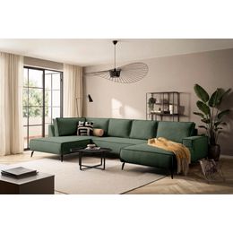 Wohnlandschaft Home Affaire "Tvinnu, moderne U-Form, Couch in Cord oder Webstoff in Leinenoptik", dunkelgr&uuml;n, B:354cm H:83cm T:193cm, Sofas, Wohnlandschaft, Recamiere rechts/links, schwarze Metallf&uuml;&szlig;e, bequeme Sitz-/Liegefl&auml;che