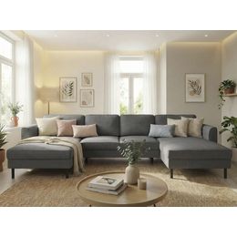 Wohnlandschaft Home Affaire "Booster II, whlw. mit Schlaffunktion & Bettkasten, Fu&szlig; schwarz", anthrazit, B:305cm H:83cm T:161cm, 100% Polyester, Sofas, Wohnlandschaft, Sofa in U-Form, Breite 305 cm, in Cord oder Struktur LEO o. LINO