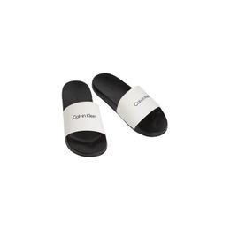 Badepantolette Calvin Klein "ESS SLIDE MONOBRAND CV", Gr. 45, schwarz, wei&szlig;, Synthetik, unifarben, Basic, Schuhe Badepantolette, Strandschuh, Pool Slides, Flat, Sommerschuh, Pantolette mit Logo