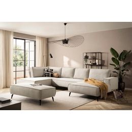 Wohnlandschaft Home Affaire "Tvinnu, moderne U-Form, Couch in Cord oder Webstoff in Leinenoptik", hellbeige, B:354cm H:83cm T:193cm, Sofas, Wohnlandschaft, Recamiere rechts/links, schwarze Metallf&uuml;&szlig;e, bequeme Sitz-/Liegefl&auml;che
