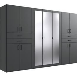 Kleiderschrank wimex "Taiga Kleiderschrank mit Spiegel Topseller", grau (graphit), B:313cm H:210cm T:58cm, Holzwerkstoff, Schr&auml;nke, Kleiderschrank, mit Schubladen auf bequemer H&ouml;he