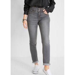 Slim-fit-Jeans bonprix "Slim-Fit-Jeans High Waist, Komfort-Stretch", Damen, Gr. 44, N-Gr, grau (grau denim used (l&auml;nge: regul&auml;r)), Denim/Jeans, Obermaterial: 82% Baumwolle, 17% Polyester, 1% Elasthan, unifarben, skinny fit lang, Jeans Slim-fit-Jeans, Skinny fit Passform, mit Eingrifftaschen und Ges&auml;&szlig;taschen