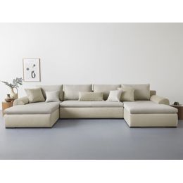 Wohnlandschaft Home Affaire "Win U-Form, B: 366 cm - OTTO. Verl&auml;ssliche Qualit&auml;t.", beige, B:366cm H:85cm T:176cm, 100% Polyester, Sofas, Wohnlandschaft, mit Bettfunktion, Bettkasten & 5 Zierkissen
