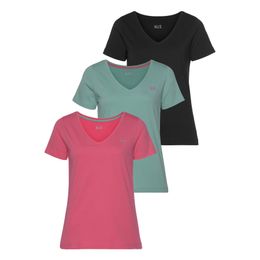 H.I.S. T-Shirt H.I.S "Essential-Basics", Damen, Gr. 44/46, bunt (schwarz, mint, rosa), Obermaterial: 100% Baumwolle, bestickt, clean, unifarben, Basic, figurumspielend h&uuml;ftlang, V-Ausschnitt, Shirts T-Shirt, h&uuml;ftlange Passform, figurumspielender Schnitt, aus 100% Baumwolle