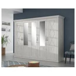 Kleiderschrank FORTE "Kashmir, Landhausstil, inklusive edlem Passepartout-Rahmen", wei&szlig; (pinie wei&szlig;), B:268,3cm H:204,9cm T:65cm, Holzwerkstoff, Schr&auml;nke, Kleiderschrank, mit Spiegel und dekorative Fr&auml;sungen und Elementen, Made in Europe