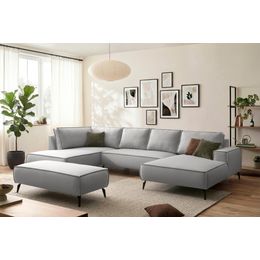 Wohnlandschaft Home Affaire "Tvinnu, moderne U-Form, Couch in Cord oder Webstoff in Leinenoptik", silbergrau, B:354cm H:83cm T:193cm, Sofas, Wohnlandschaft, Recamiere rechts/links, schwarze Metallf&uuml;&szlig;e, bequeme Sitz-/Liegefl&auml;che
