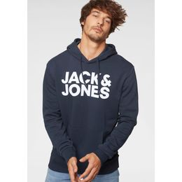 Jack & Jones Kapuzensweatshirt JACK & JONES "JJECORP Kapuze und Frontprint", Herren, Gr. M, blau (navy blazer), Obermaterial: 61% Polyester, 39% Baumwolle, bedruckt, normal, Rundhals, B&uuml;ndchen, Sweatshirts Kapuzensweatshirt, bedruckt, modisch, regular fit, Baumwollmischung, Rundhals