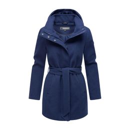 Marikoo Damen Kurzmantel "Katalinaa", blau, Gr. XL, 90% Polyester, 10% Viskose, M&auml;ntel, Eleganter Wickel Mantel mit Tailleng&uuml;rtel und Oversized Hood