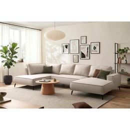 Wohnlandschaft Home Affaire "Tvinnu, moderne U-Form, Couch in Cord oder Webstoff in Leinenoptik", hellbeige, B:354cm H:83cm T:193cm, Sofas, Wohnlandschaft, Recamiere rechts/links, schwarze Metallf&uuml;&szlig;e, bequeme Sitz-/Liegefl&auml;che