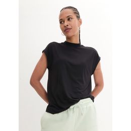T-Shirt bonprix "T-Shirt aus softer Viskose", Damen, Gr. 40/42 (M), schwarz, Jersey, Obermaterial: 95% Viskose, 5% Elasthan, unifarben, l&auml;ssig geschnitten h&uuml;ftbedeckend, hoch geschlossener Ausschnitt, angeschnitten, Shirts T-Shirt, l&auml;ssige Passform, Kurzarm, unifarben, aus Viskose