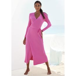 Strickkleid Lascana, Damen, Gr. 32/34, N-Gr, pink, Obermaterial: 80% Viskose, 20% Nylon, unifarben, sehr bequem kn&ouml;chelfrei, V-Ausschnitt, Kleider Strickkleid, Loungekleid zum wickeln mit Tailleng&uuml;rtel, Loungewear